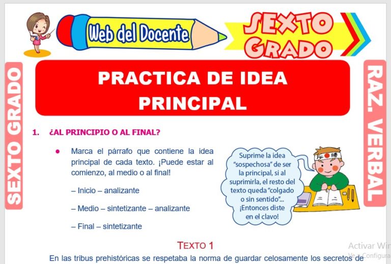 Practica de Idea Principal para Sexto Grado de Primaria